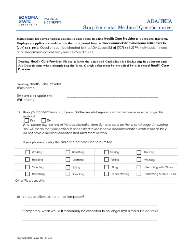 Fillable Online Ada/feha Supplemental Medical Questionnaire Fax Email ...