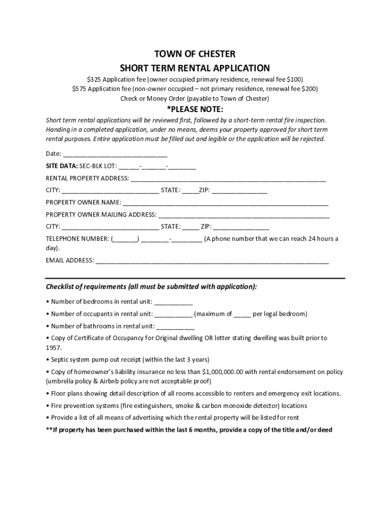 Fillable Online Town of Chester Short Term Rental Application Fax Email ...