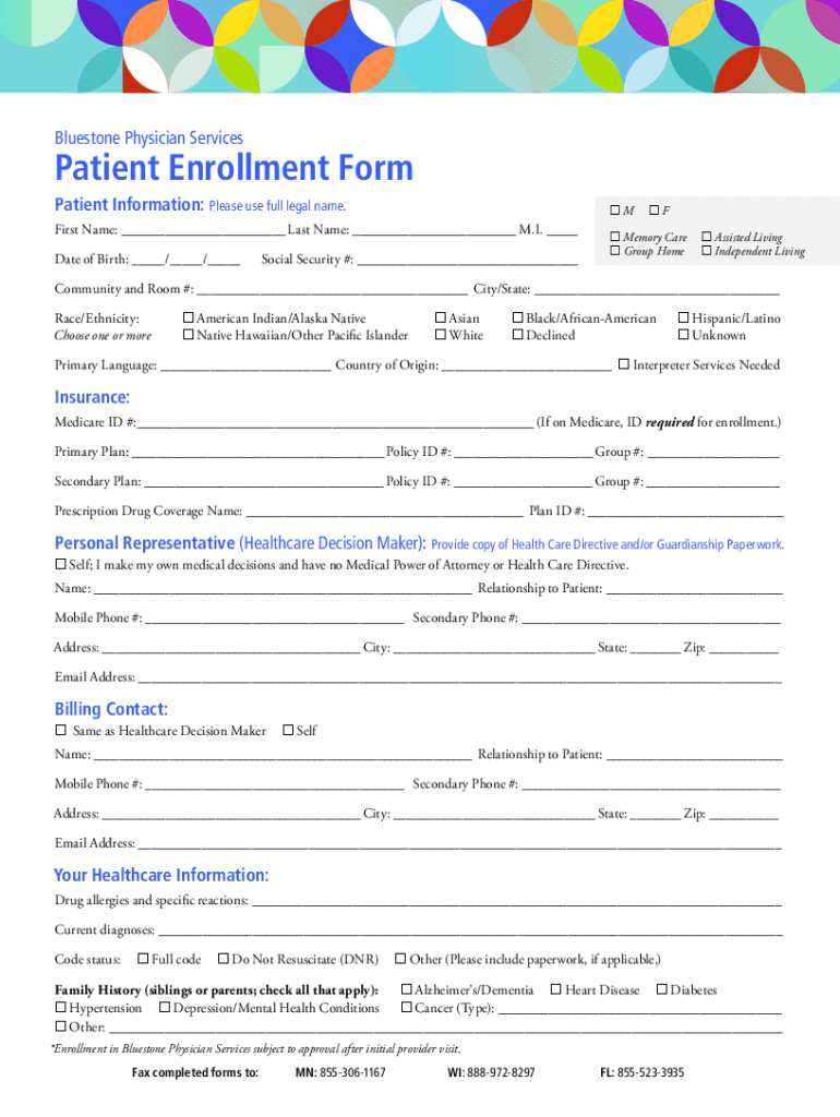 Fillable Online Bluestone Physician Services - Patient Enrollment Form Fax Email Print - pdfFiller