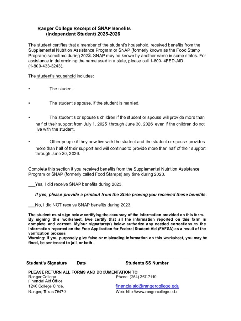 Fillable Online Receipt of Snap Benefits (independent Student) 2025 ...