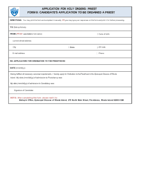 Fillable Online Form 8: Candidate's Application to Be Ordained a Priest Fax Email Print - pdfFiller