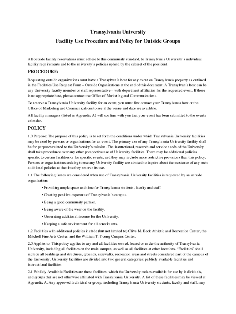 Fillable Online Transylvania University Facility Use Policy Fax Email ...