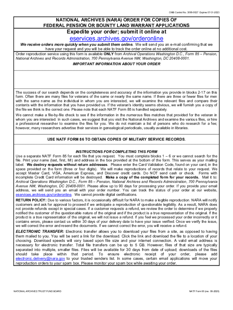 Fillable Online National Archives Order for Copies of Federal Pension ...