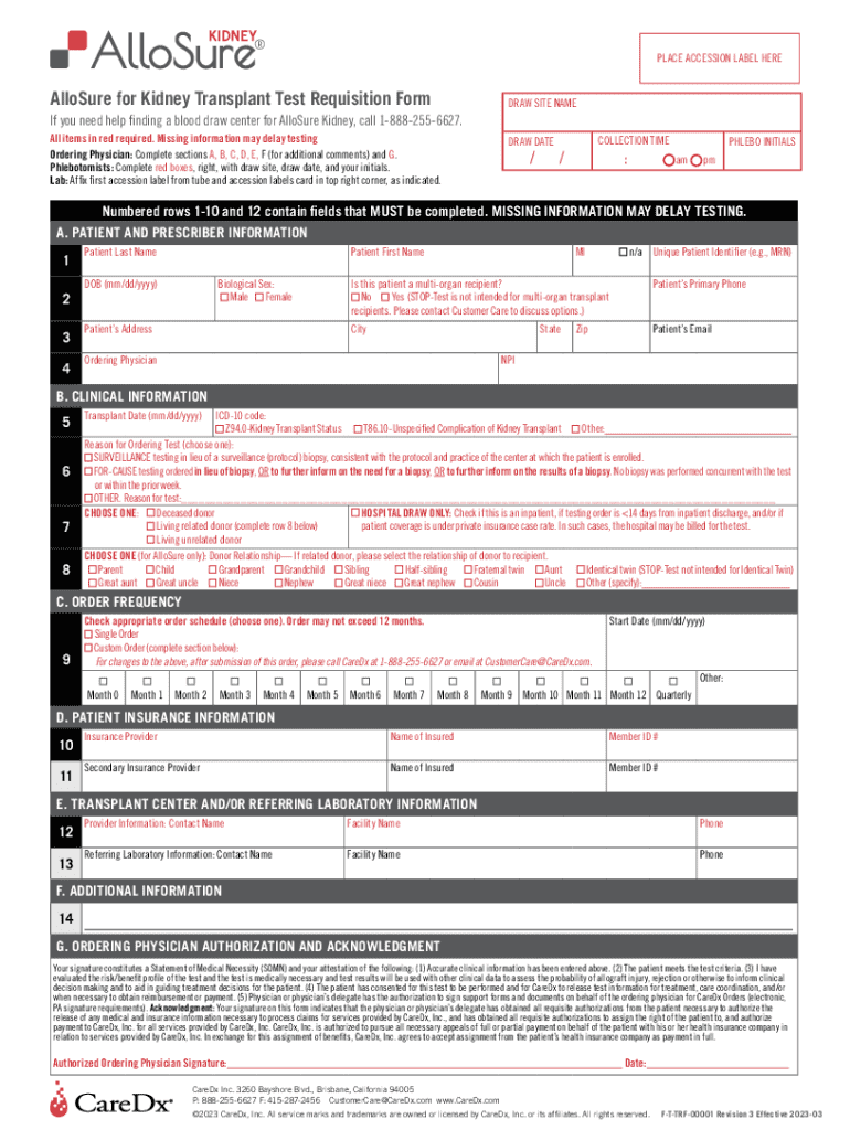 Fillable Online Allosure for Kidney Transplant Test Requisition Form ...