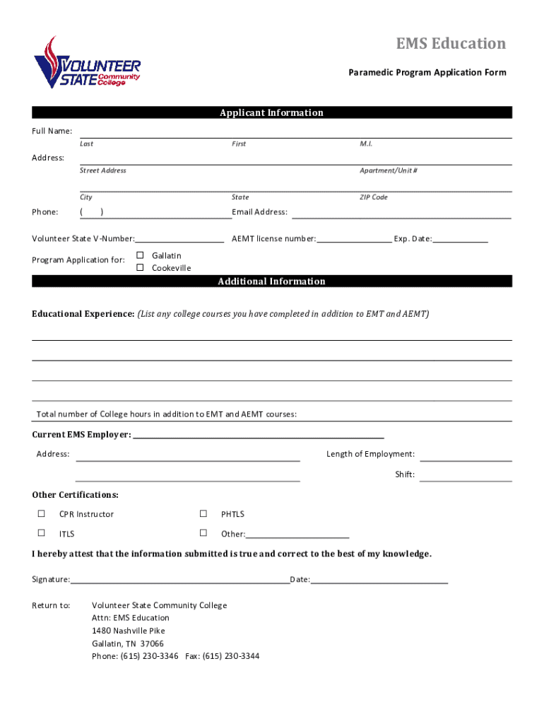 Fillable Online Ems Education Paramedic Program Application Fax Email ...