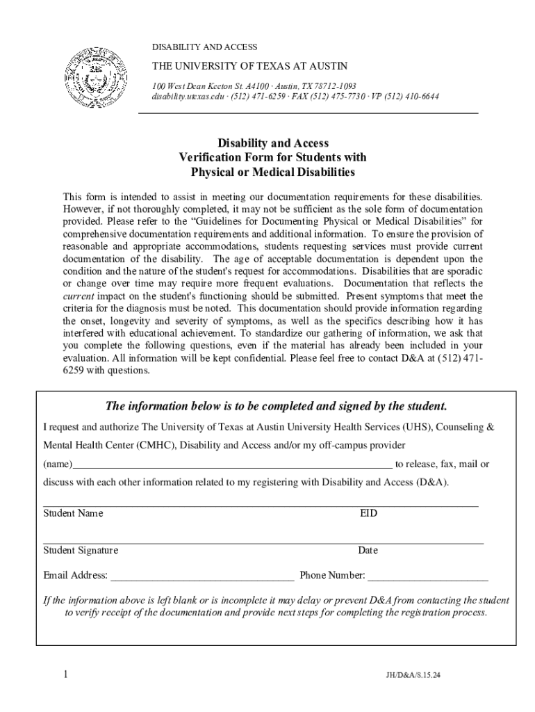 Fillable Online Verification Form for Students With Physical or Medical ...