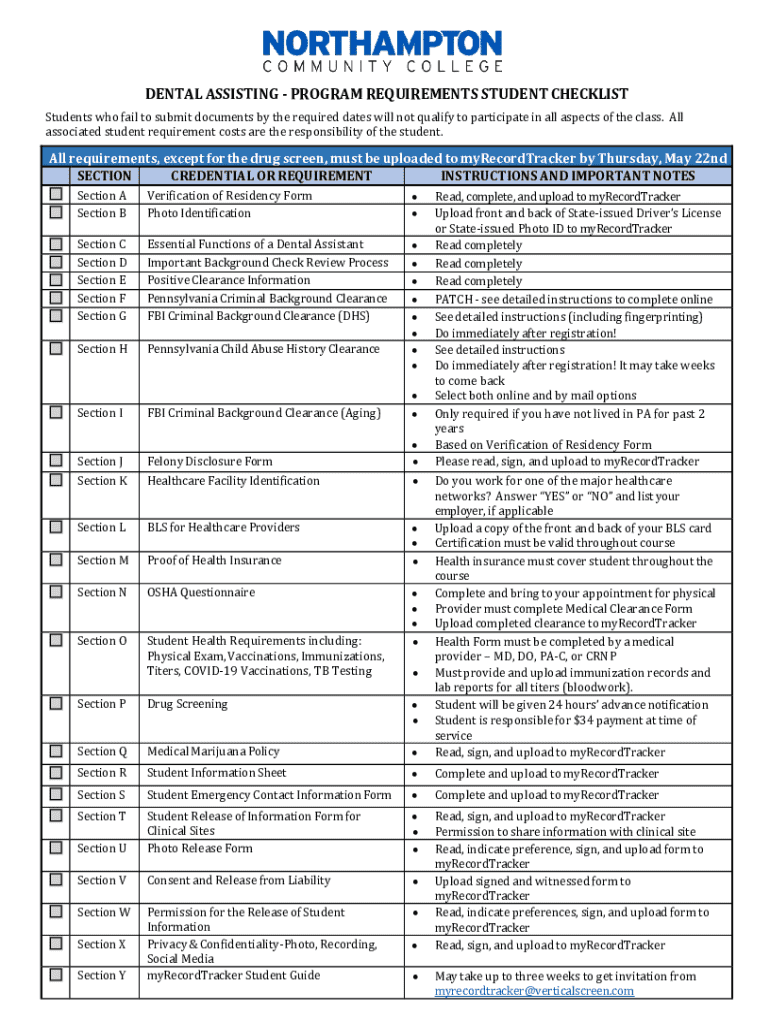Fillable Online Dental Assisting - Program Requirements Student ...