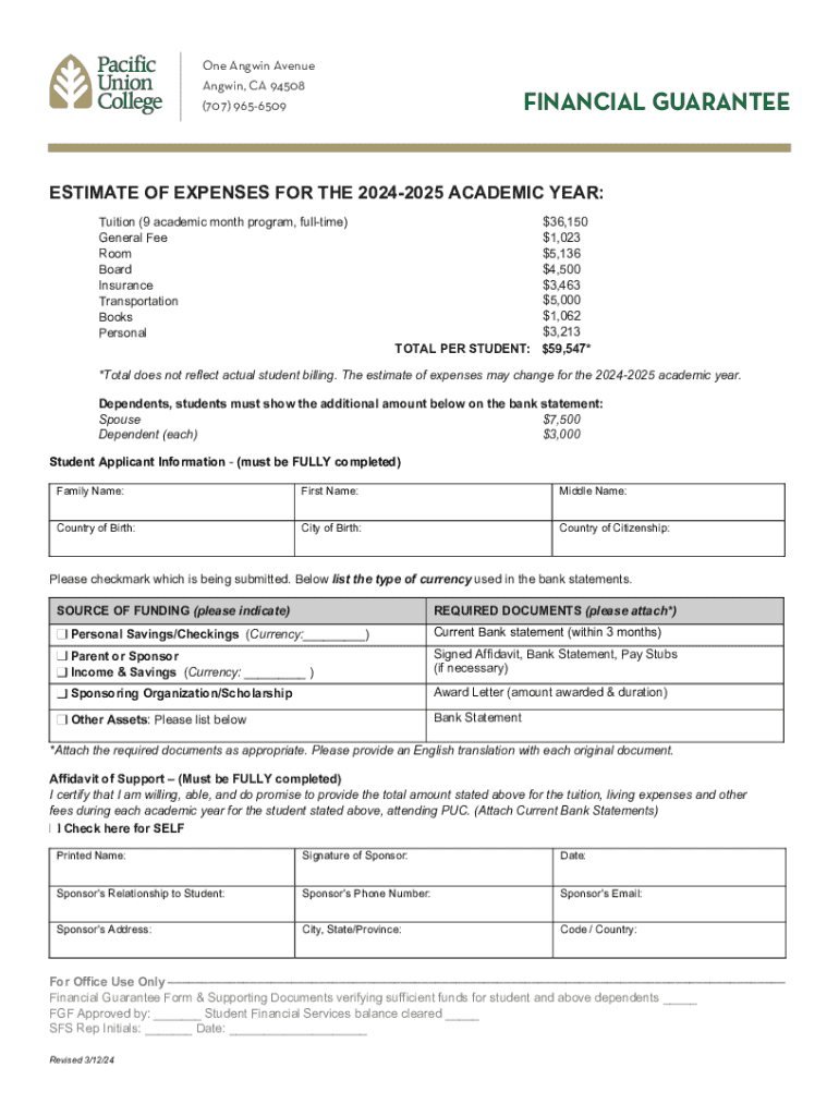 Fillable Online Estimate of Expenses for the 2024-2025 Academic Year ...
