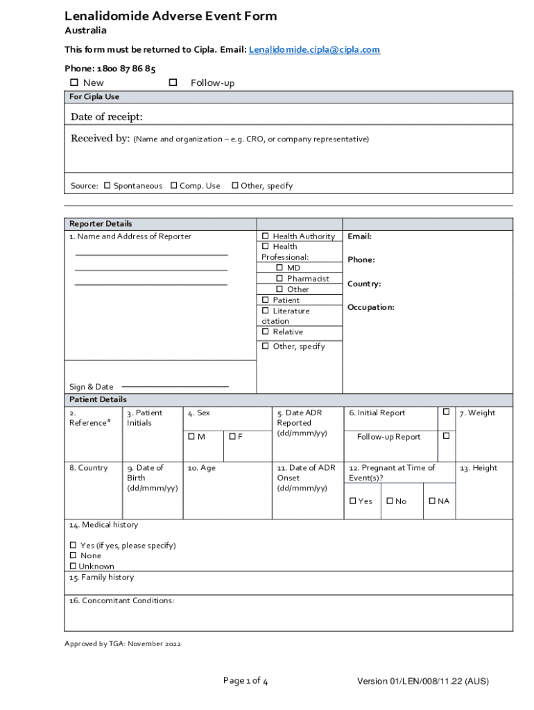 Fillable Online Lenalidomide Adverse Event Form Australia Fax Email ...