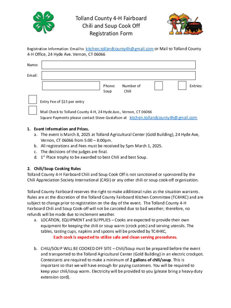 Fillable Online Tolland County 4-h Fairboard Chili and Soup Cook Off ...