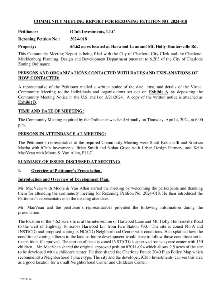 Fillable Online Community Meeting Report for Rezoning Petition No. 2024 ...