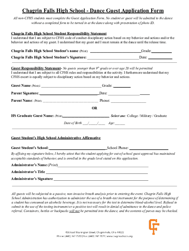 Fillable Online Chagrin Falls High School - Dance Guest Application Fax ...