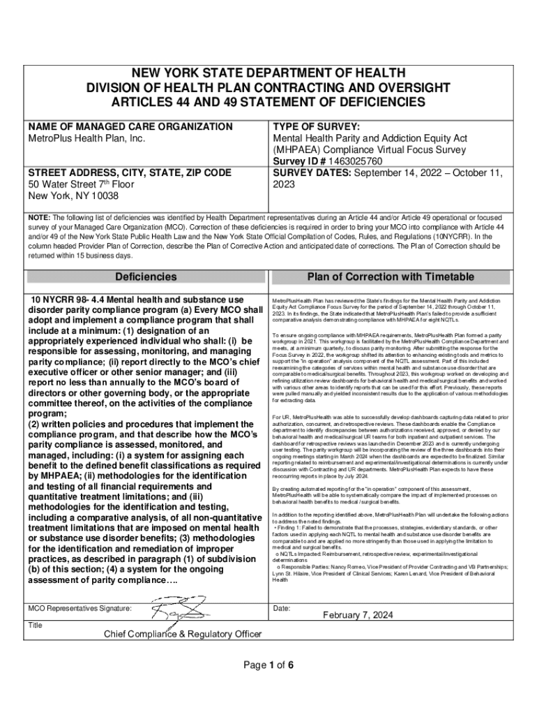 Fillable Online Metroplus Health Plan, Inc. Mental Health Parity and Addiction Equity Act ...