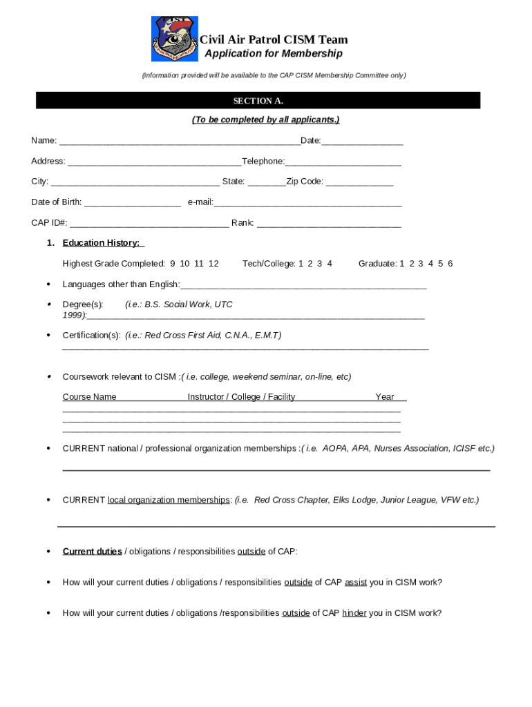 Civil Air Patrol Cism Team Application for Membership Doc Template ...