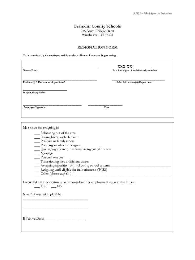 Fillable Online Franklin County Schools Resignation Form Fax Email ...