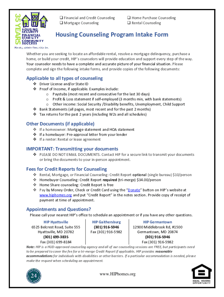 Fillable Online Housing Counseling Program Intake Form Fax Email Print ...