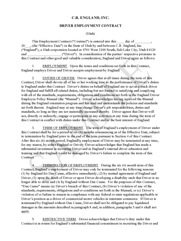 Fillable Online C.r. England, Inc. Driver Employment Contract Fax Email ...