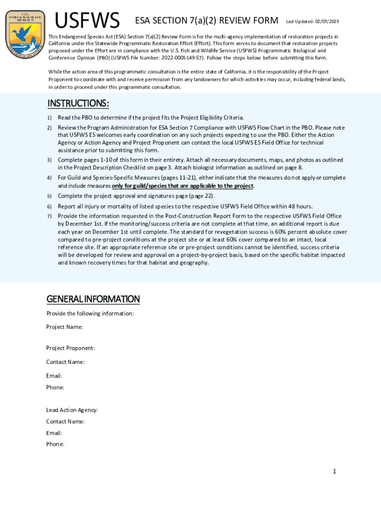 Fillable Online Usfws Esa Section 7(a)(2) Review Form Fax Email Print ...