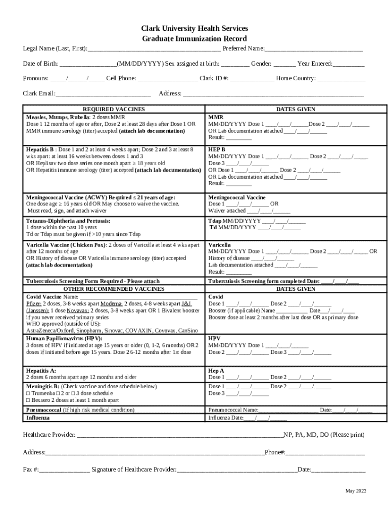 Graduate Immunization Record Doc Template | pdfFiller