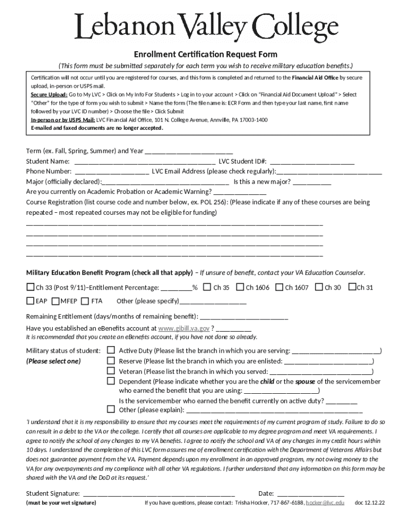 Enrollment Certification Request Doc Template | pdfFiller