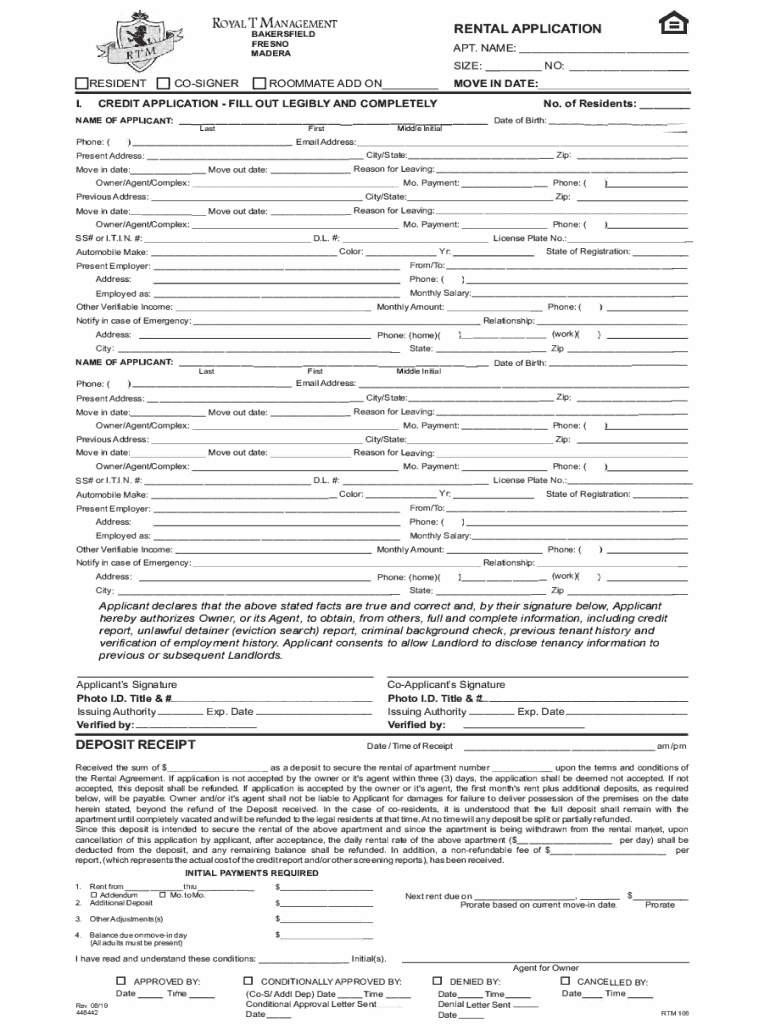 Fillable Online Royal T Management Rental Application Fax Email Print ...