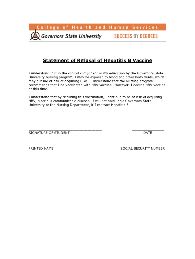 Fillable Online Statement of Refusal of Hepatitis B Vaccine Fax Email Print - pdfFiller