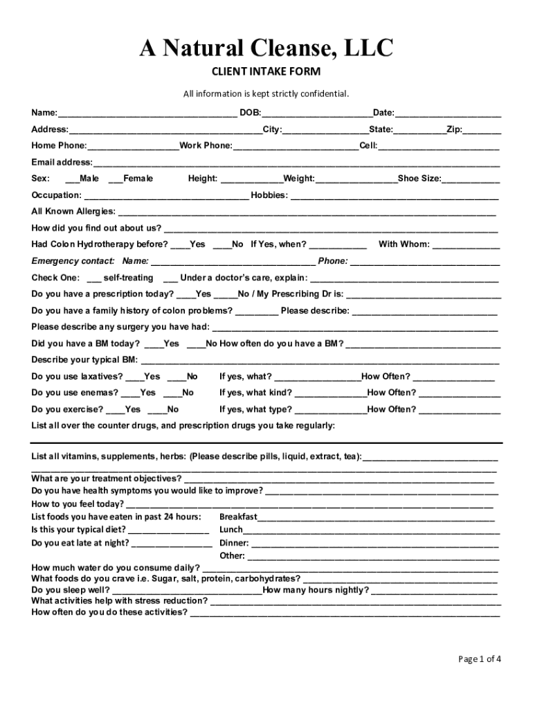 Fillable Online a Natural Cleanse, Llc - Client Intake Form Fax Email ...
