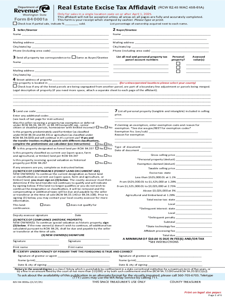 Fillable Online Real Estate Excise Tax Affidavit (rcw 82.45 Wac 458-61a ...