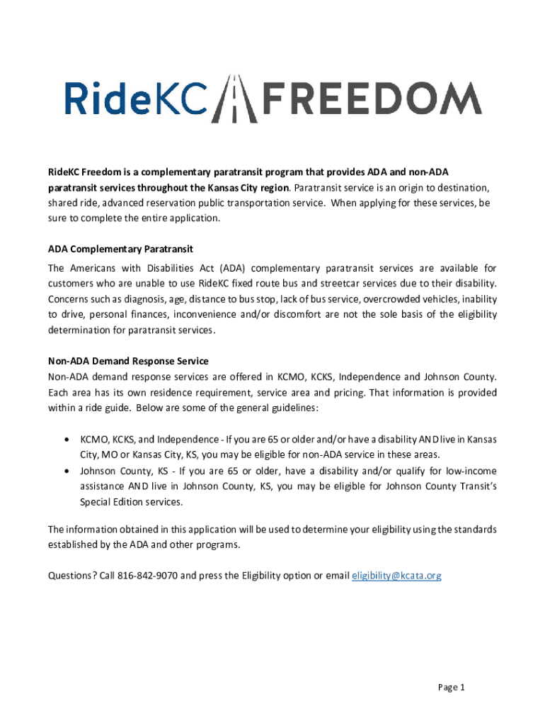 Fillable Online RideKC Freedom is a complementary paratransit program ...