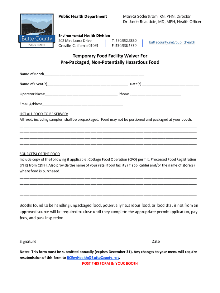 Fillable Online Temporary Food Facility Waiver for Pre-packaged, Non ...