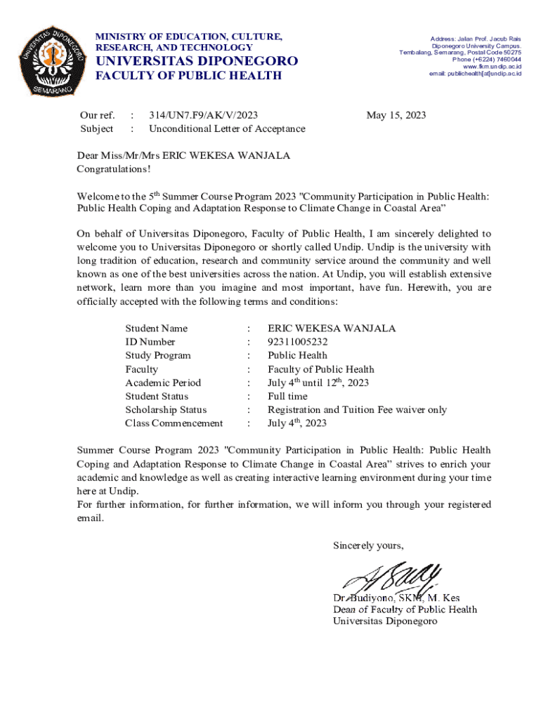 Fillable Online Unconditional Letter of Acceptance Fax Email Print ...