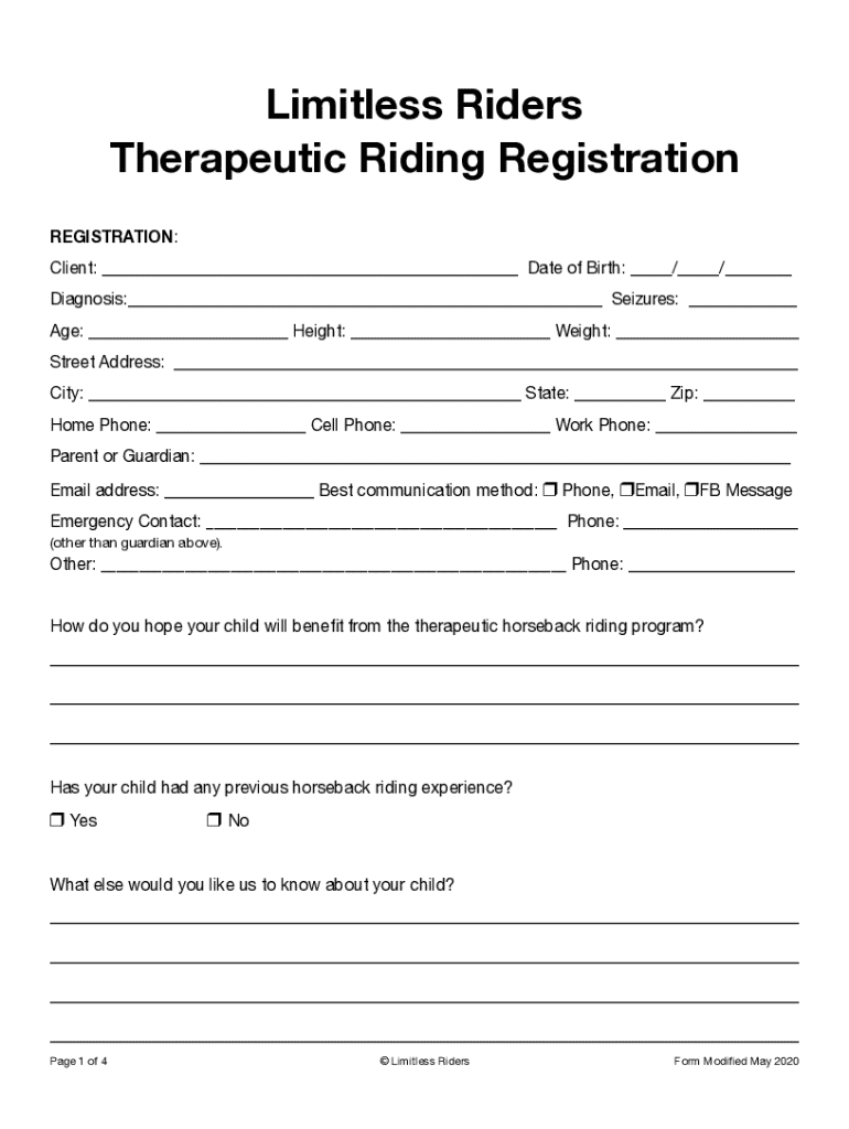 Fillable Online Limitless Riders Therapeutic Riding Registration Fax Email Print - pdfFiller