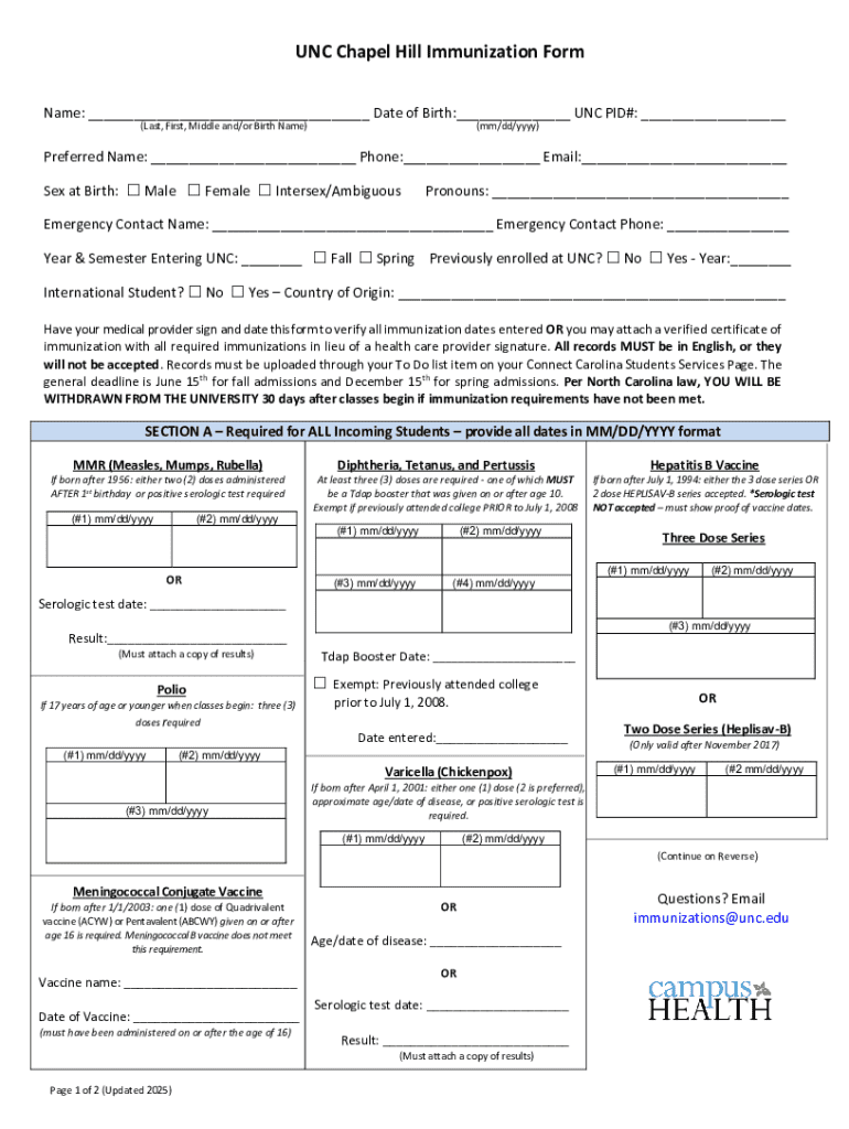 Fillable Online Immunization Form for Incoming Students Fax Email Print - pdfFiller
