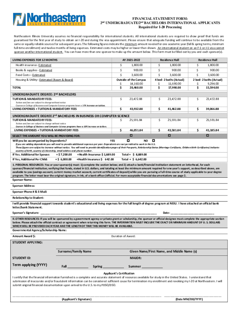 Fillable Online Financial Statement for 2nd Undergraduate/2nd Bachelors International Applicants ...