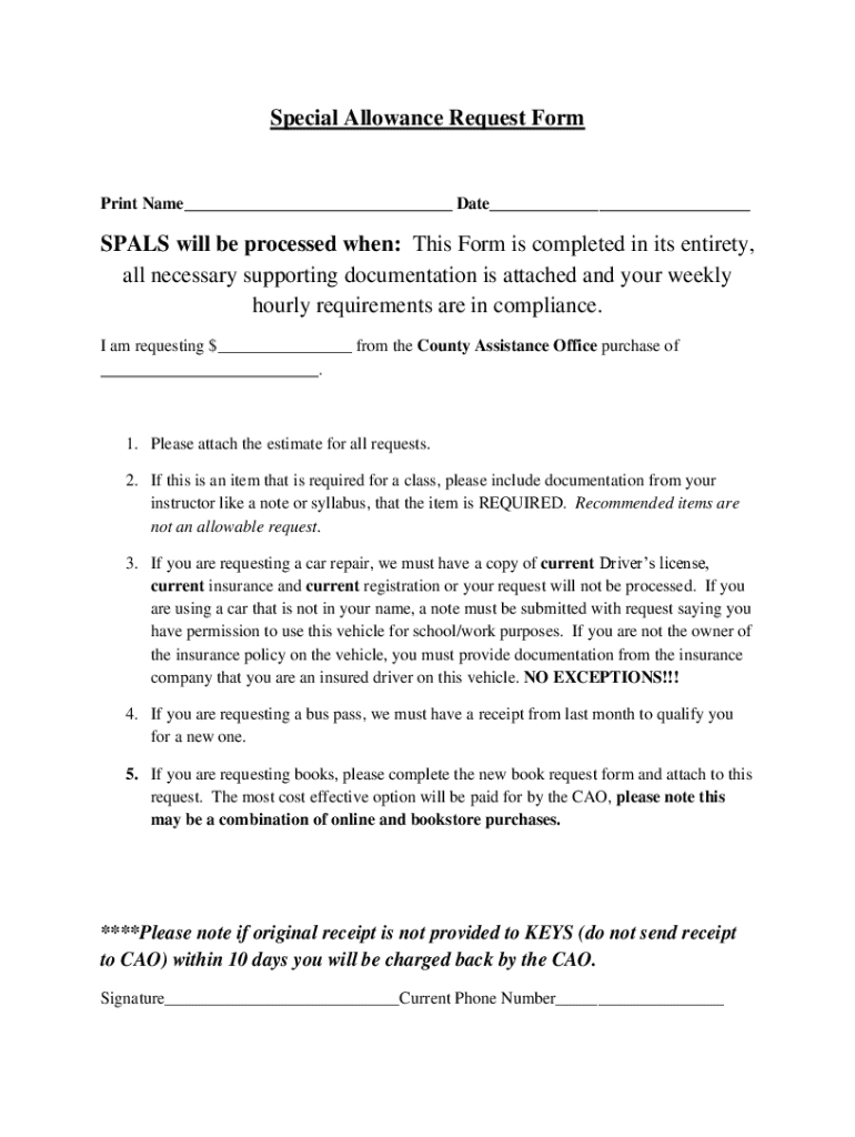 Fillable Online Special Allowance Request Fax Email Print - pdfFiller