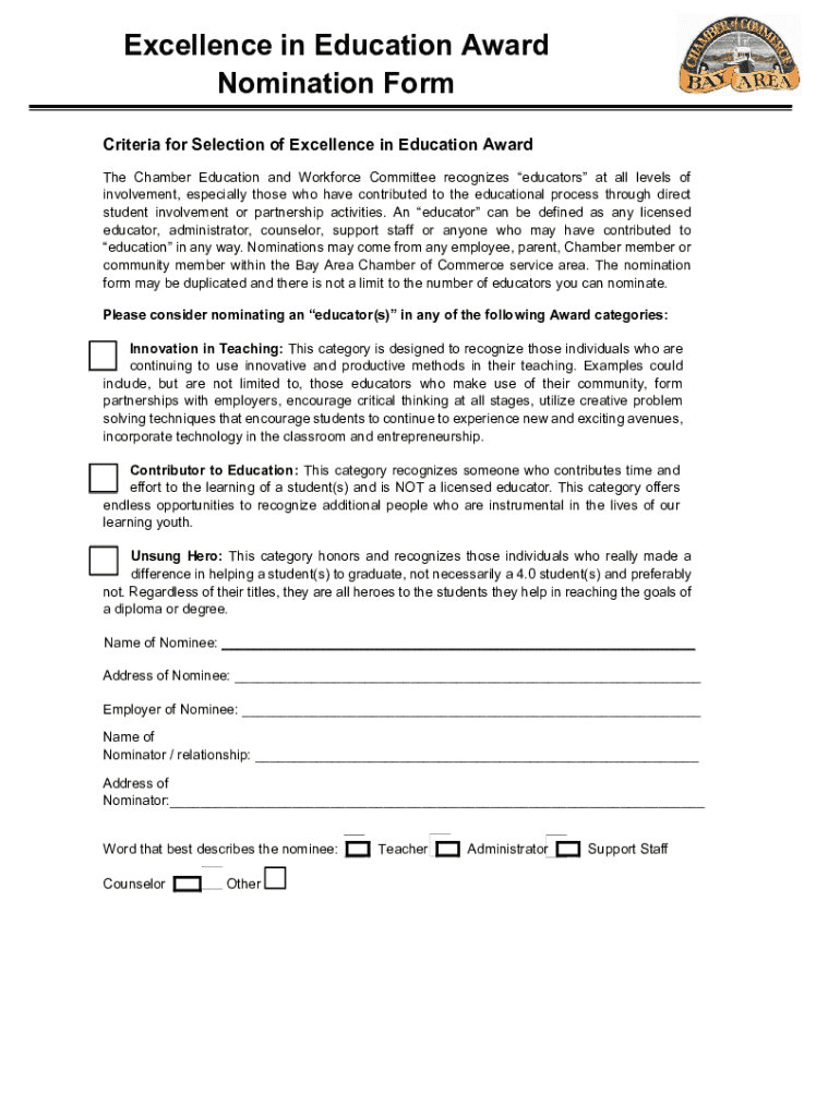 Fillable Online Excellence in Education Award Nomination Fax Email Print - pdfFiller