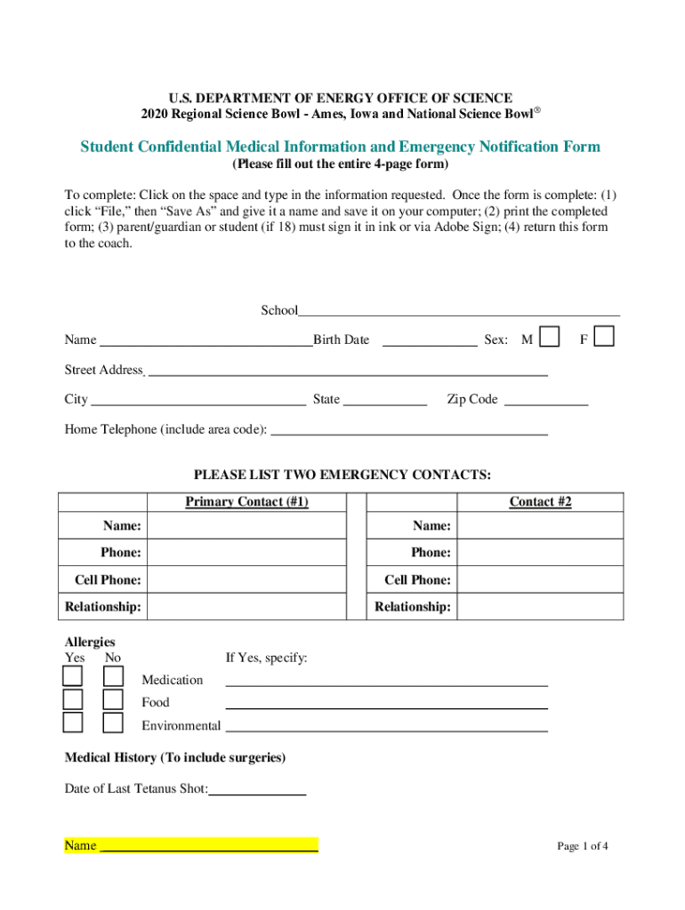 Fillable Online 2020 Regional Science Bowl - Ames, Iowa and National ...