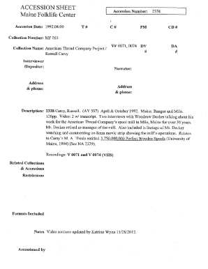 Fillable Online Maine Folklife Center Accession Sheet Fax Email Print ...