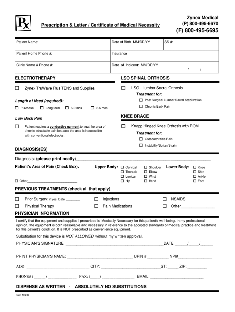 Fillable Online Zynex Medical Prescription & Letter of Medical ...