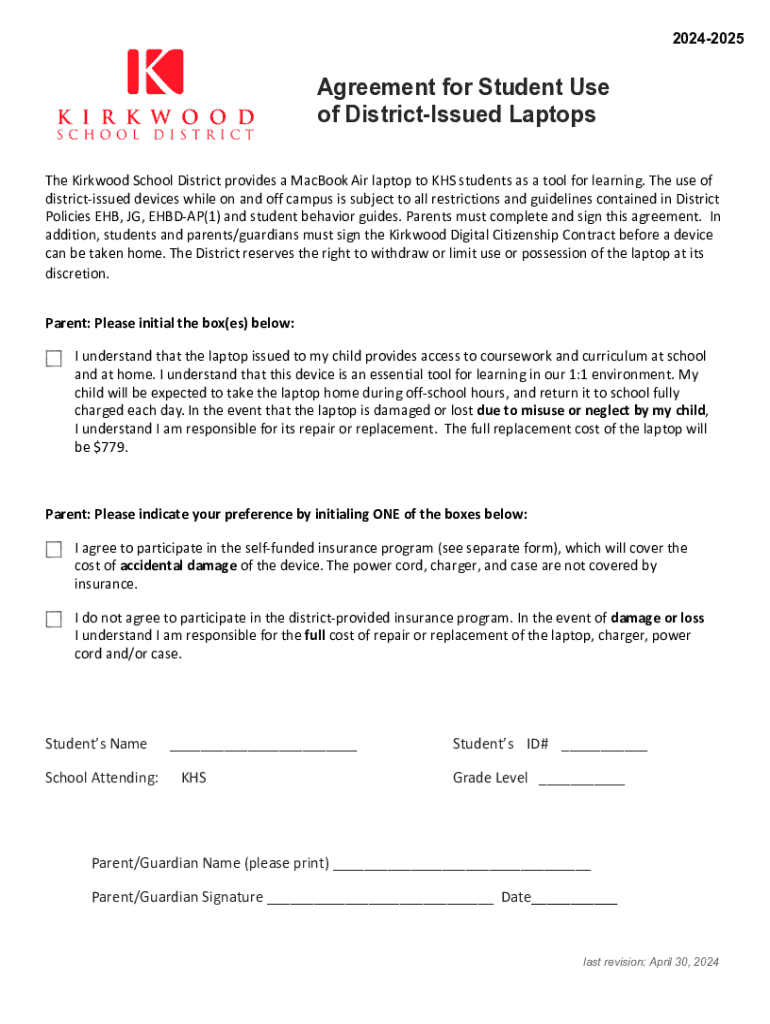 Fillable Online 2024-2025 Student Laptop Agreement Fax Email Print - pdfFiller