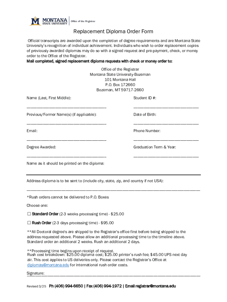 Fillable Online Replacement Diploma Order Form Fax Email Print - pdfFiller