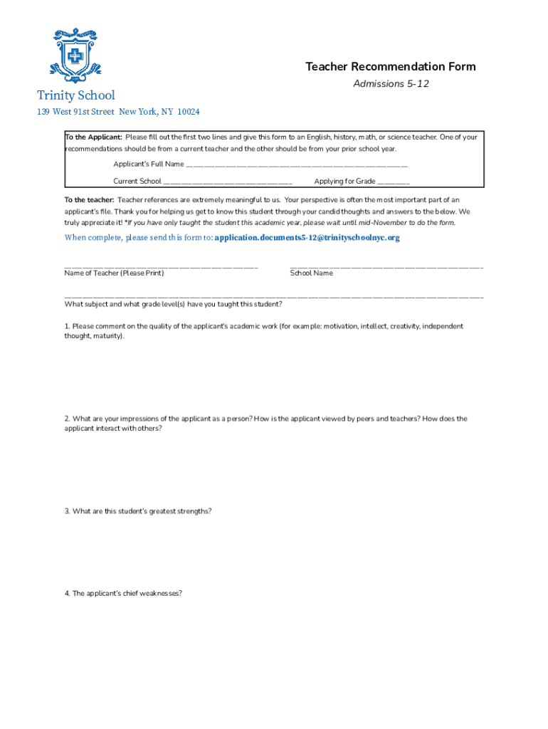 Fillable Online Teacher Recommendation Form for Admissions 5-12 Fax Email Print - pdfFiller