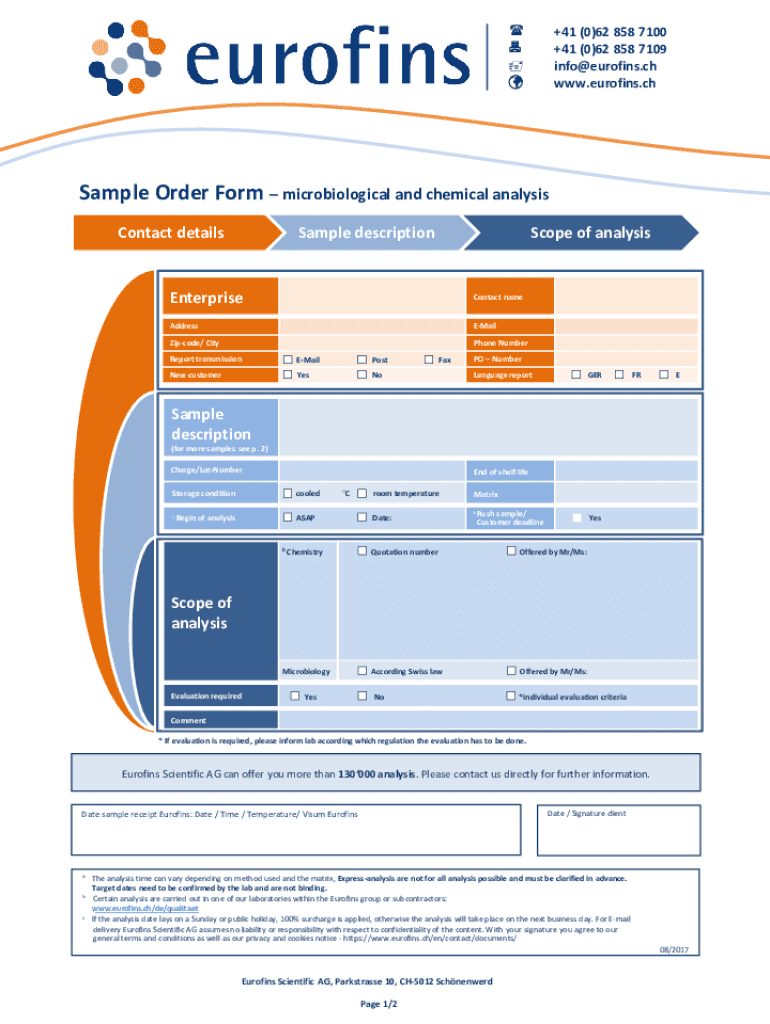 Fillable Online Sample Order Form – Microbiological and Chemical ...