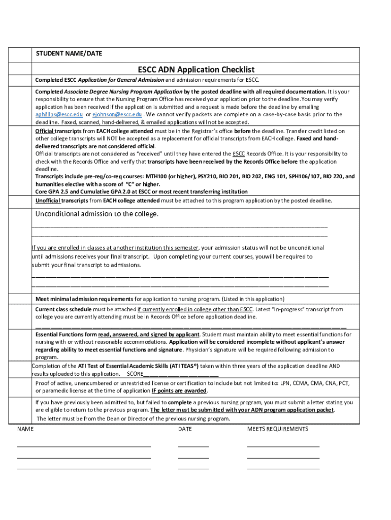 Fillable Online Escc Associate Degree Nursing Program Application Checklist Fax Email Print ...