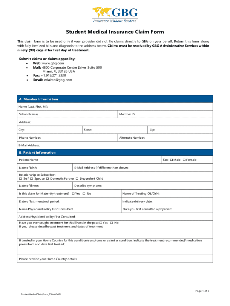 Fillable Online Student Medical Insurance Claim Form Fax Email Print ...