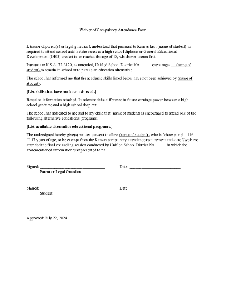 Fillable Online Waiver of Compulsory Attendance Fax Email Print - pdfFiller