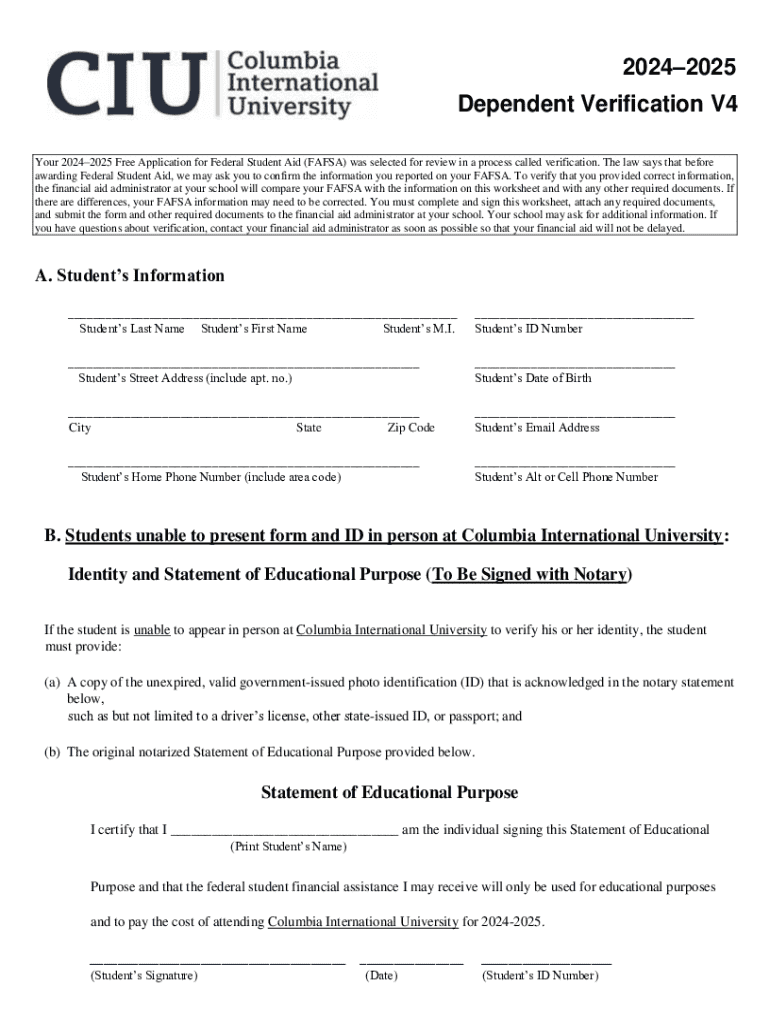 Fillable Online 2024–2025 Dependent Verification Fax Email Print - pdfFiller