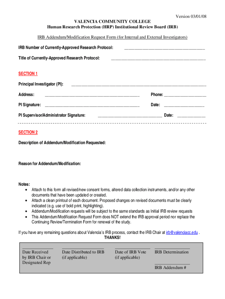 Fillable Online Human Research Protection (hrp) Institutional Review Board (irb) Addendum ...