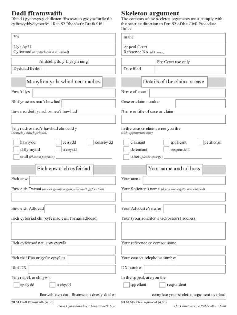 Fillable Online Dadl Fframwaith / Skeleton Argument Fax Email Print - pdfFiller