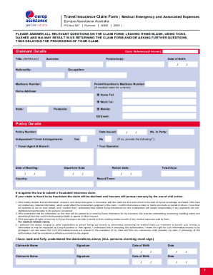 Fillable Online Travel Insurance Claim Form | Medical Emergency and ...